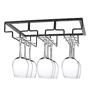 DreamiDeco Wine Glass Rack Under Cabinet Hanging Stemware Rack, Metal Wine Glass Holder Under Shelf for Bar Kitchen(Black, 3 rows 2 Pack)