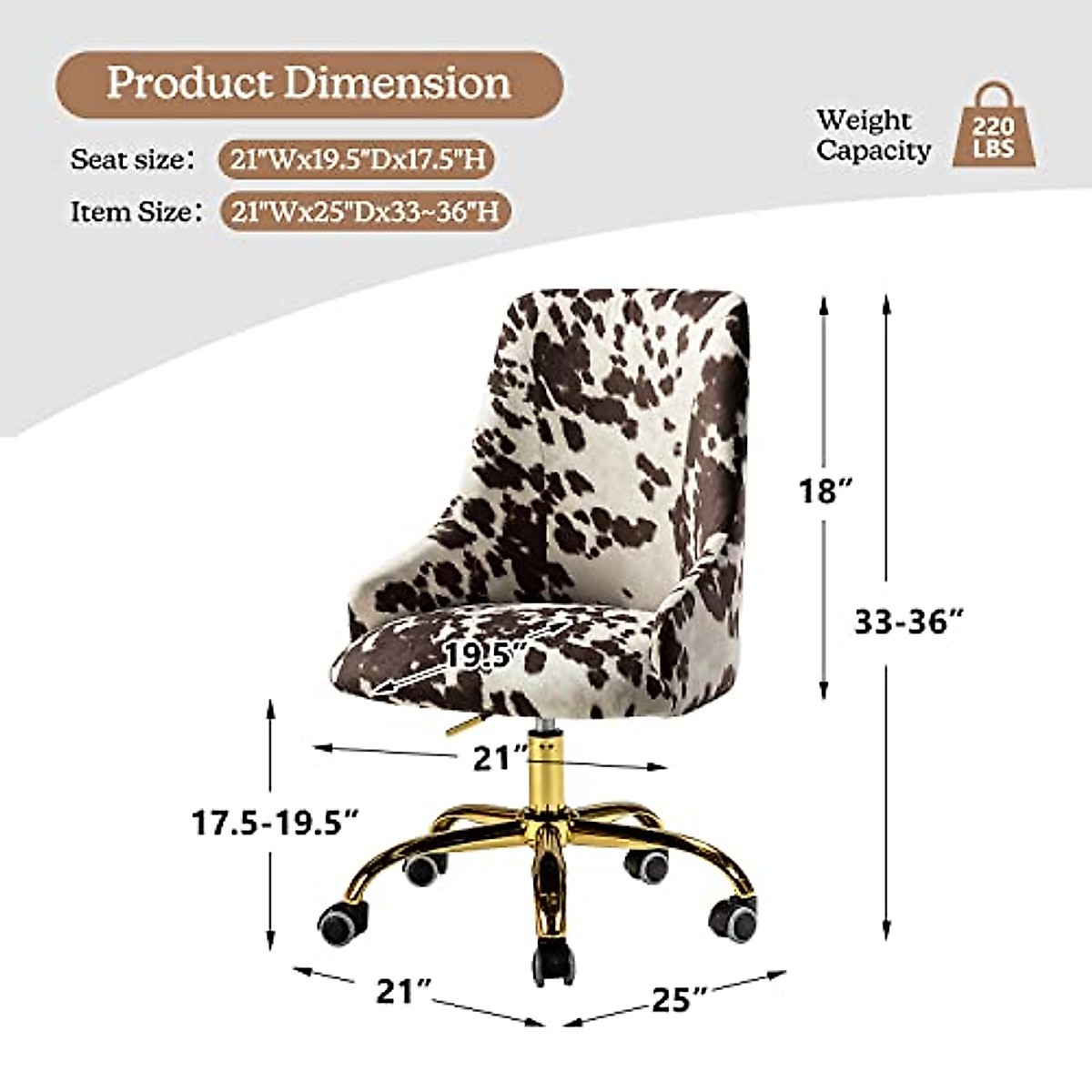 TINA'S HOME Upholstered Desk Chair Modern Armless Office Chair with Wheels, Adjustable Swivel Fabric Task Chair for Living Room, Bedroom, Vanity Room(Gold Base, Cowhide)