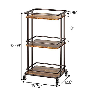 XYZLVSI 3-Tier Rolling Serving Bar Cart, Wood and Metal Kitchen Island Storage Cart with Wheels, Multifunction Utility Cart Storage Rack for Home, Kitchen, Bar, Dinning Room, Living Room (Brown)
