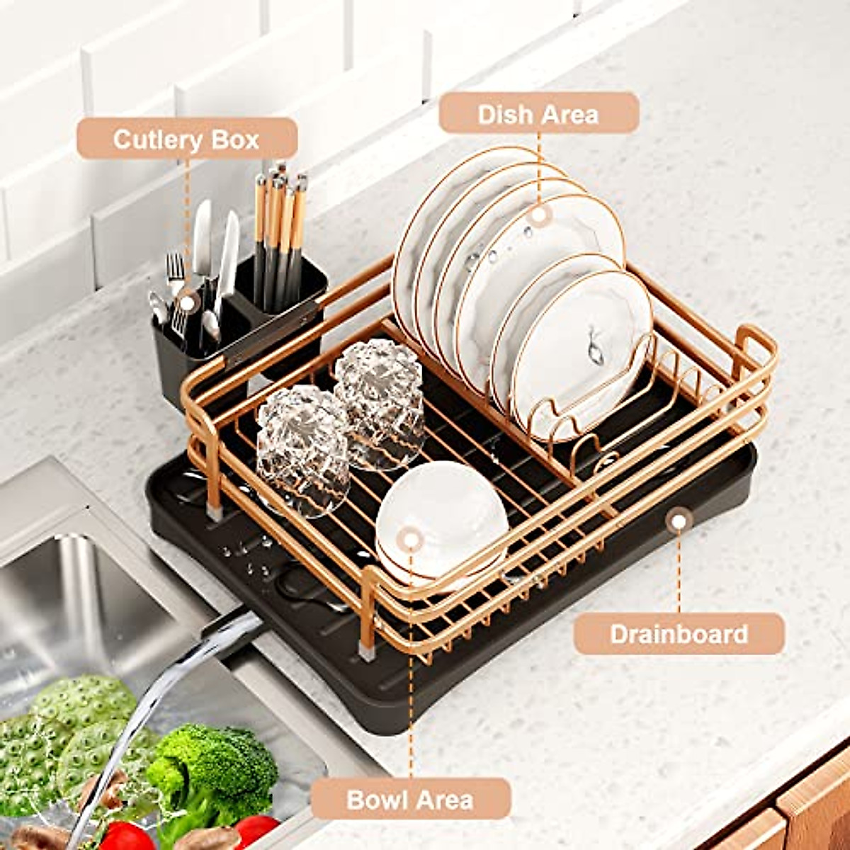XILIDIA Dish Drying Rack with Drainboard, Aluminum Rust Proof Dish Dryer Rack with Removable Cutlery Holder and Drain Strainers for Kitchen Counter