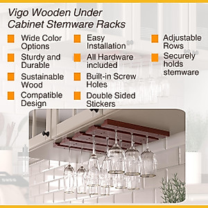 Rustic State 4 Sectional Adjustable Wood Under Cabinet Wine Glass Holder Wine Glass Rack Hanging Shelf Stemware Glassware Bar Organizer - 12 Wine Glass Storage - 11 Inch Deep - Mahogany