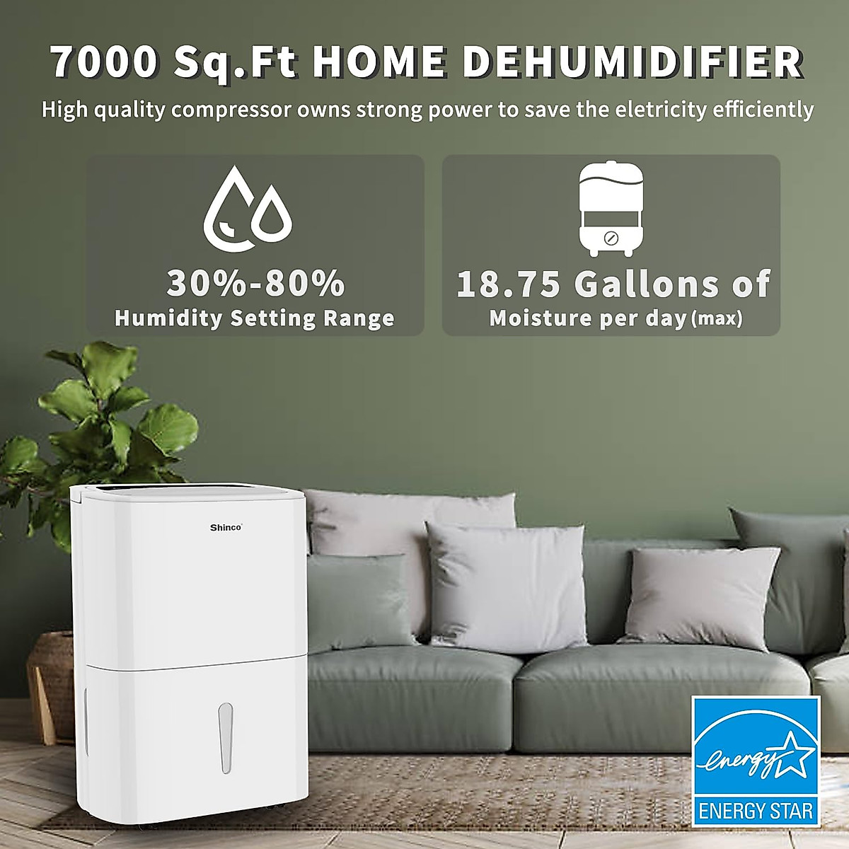 Shinco 7,000 Sq.Ft Energy Star Dehumidifier with Pump, Ideal for Large Industrial Rooms and Home Basements, Efficient Moisture Removal and Humidity Control, 1.85 Gallons Water Tank