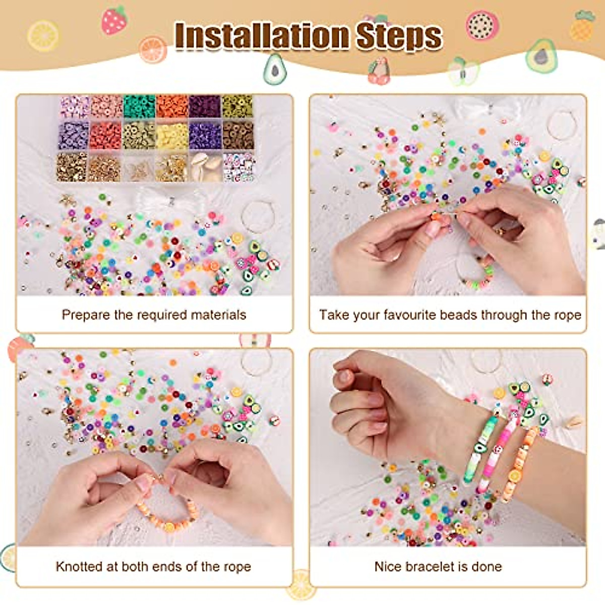 QUEFE 9000pcs, 90 Colors, Clay Beads for Bracelet Making Spacer Heishi Beads Flat Round Polymer Clay Beads for Jewelry Making Kit with Fruit Flower Beads Pendant Charms Kit and Elastic Strings