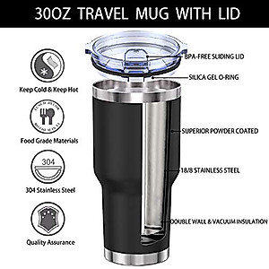 Aikico 30oz Stainless Steel Tumbler, Vacuum Insulated Coffee Tumblers Cups, Durable Wall Travel Mug Tumbler with Splash Proof Sliding Lid and Straws, for Ice and Hot Drink, Black