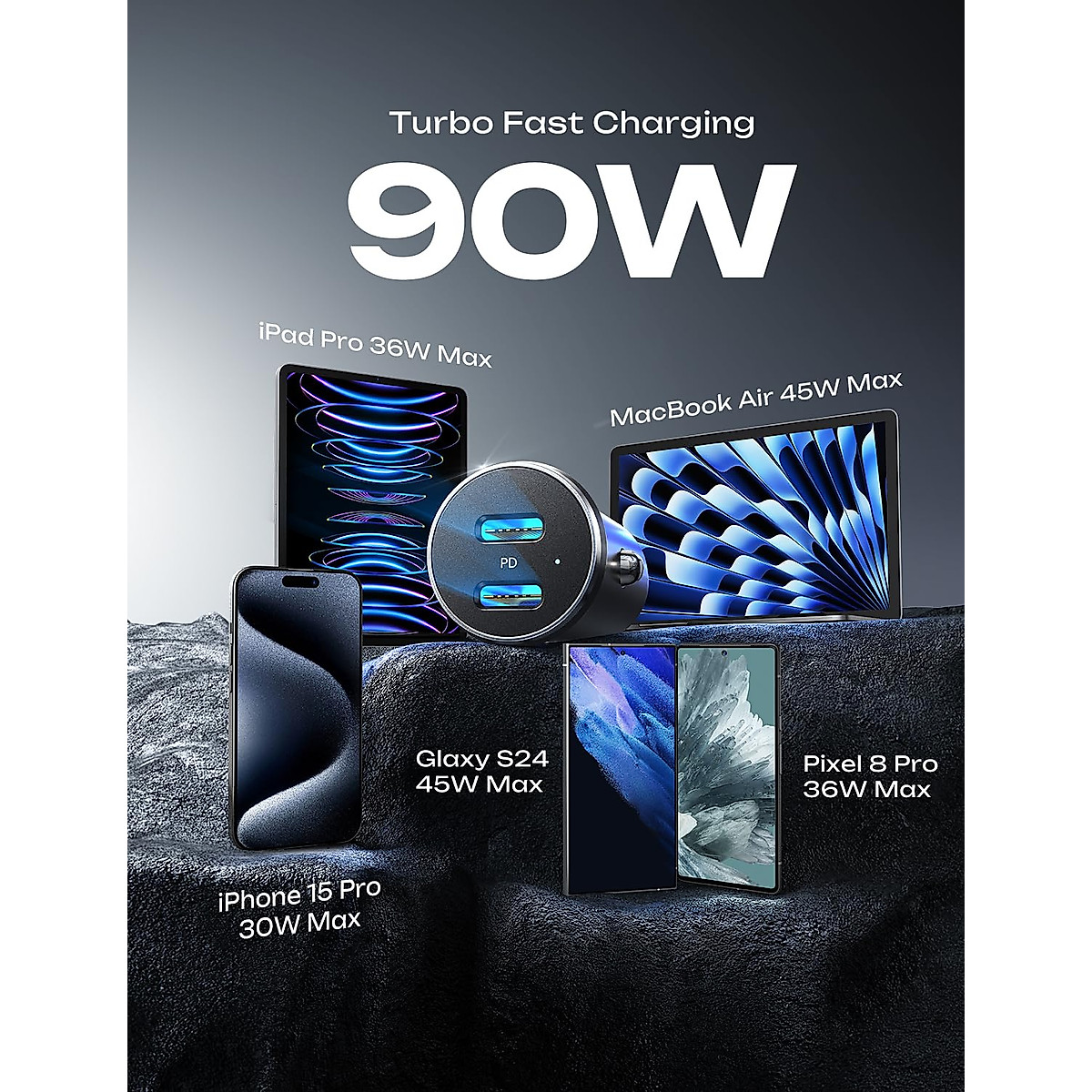 LISEN 90W USB C Car Charger [All Metal & Mini] Cigarette Lighter Adapter Fast Charging, Mini Dual PD 45W & PD 45W Super Fast Car Charger USB C for iPhone 15 Pro Max Glaxy S24 iPad Pro MacBook Air