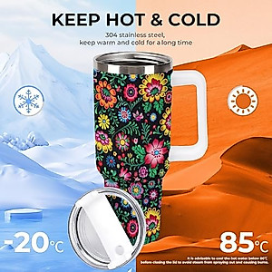 Polish Folk Art Floral Pattern 40OZ Tumbler Stainless Steel Travel Mug Water Bottle Car Cup Tea Cups with Lid White-style