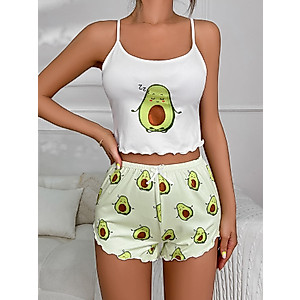 SHENHE Women's Cute Cartoon Print Crop Cami Top and Shorts 2 Piece Summer Pajama Set Avocado Green White S
