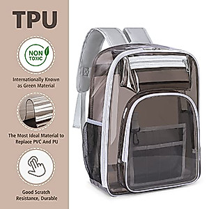 SIMBOOM Clear Backpack, Heavy Duty TPU Transparent Backpacks Large See Through Bookbag with Reinforced Strap for School, Stadium, Security, Work, Travel, College, Sporting Events, Concert (Grey)
