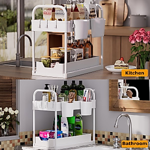 GEMWON Under Sink Organizer, 2 Tier Sliding Bathroom Organizer Cabinet Storage with Hooks, Hanging Cups, Handles, Multi-purpose Under Sink Shelf Organizer for Bathroom Kitchen(2 Pack)
