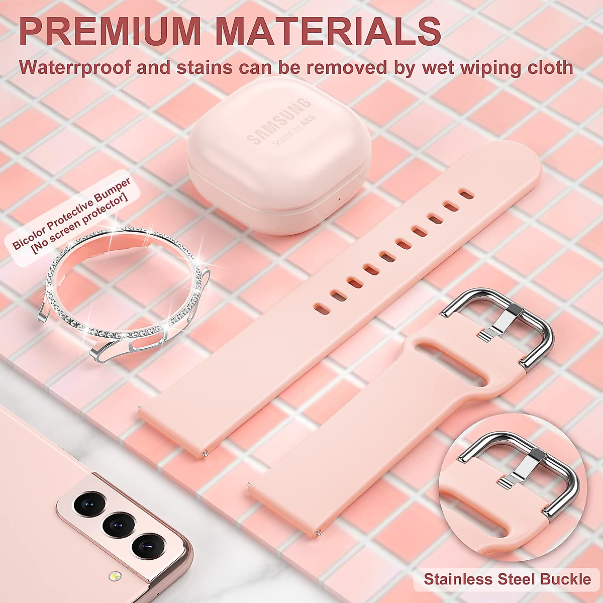 DABAOZA Compatible for Samsung Galaxy Watch 4 5 Band 40mm with Glitter Bumper Case, Women Black Silicone Soft Comfortable Adjustable Strap with Buckle (Pinksilver, 40)