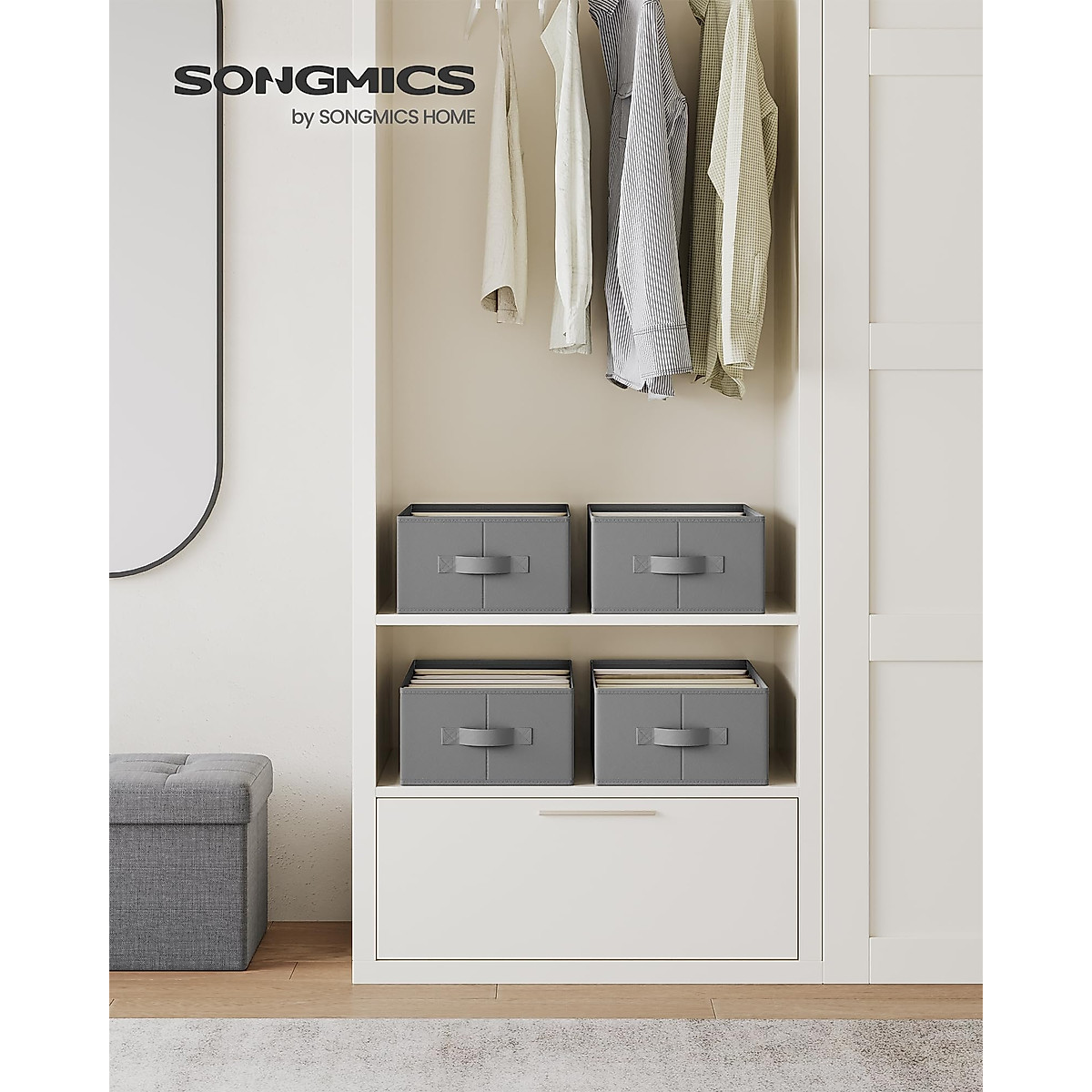 SONGMICS Set of 2 Large Size Wardrobe Clothes Organizers, 6-Compartment Foldable Drawer Organizers with Handles, 16.5 x 11.8 x 6.7 Inches, for Pants, Sweaters, Jeans, Dove Gray URUS009G02
