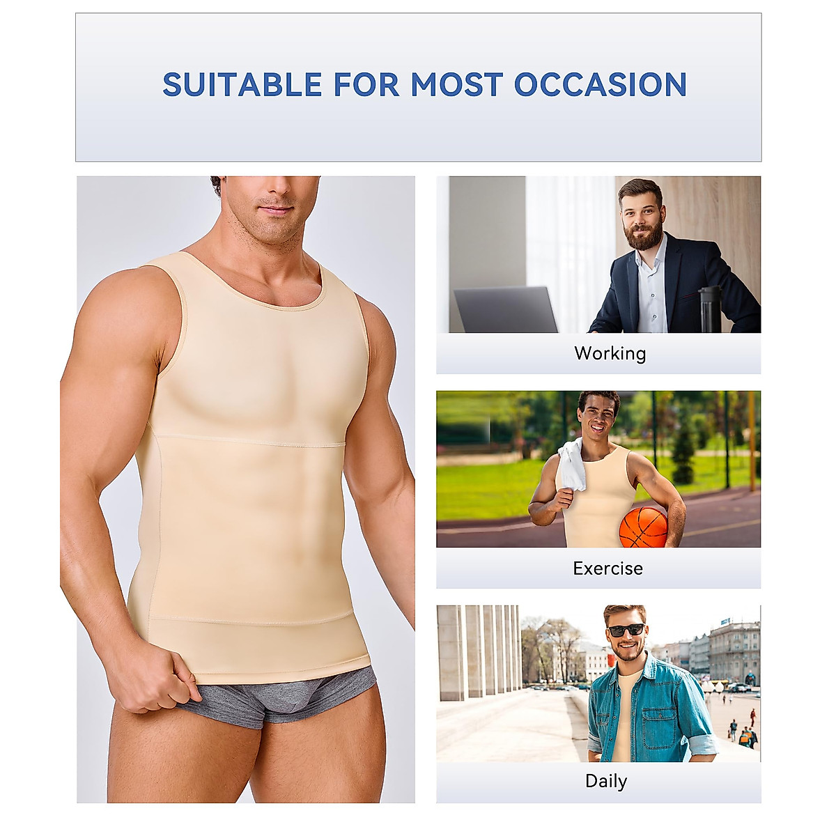 Eleady Mens Slimming Body Shaper Vest Compression Shirt Abs Abdomen Shapewear Workout Tank Top Undershirt (Small, Beige Tops)