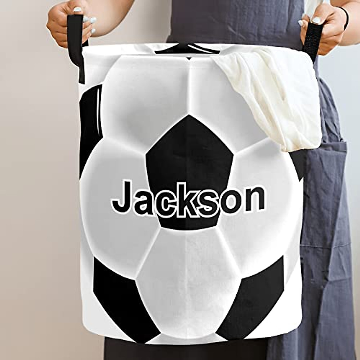 Soccer Football Personalized Freestanding Laundry Hamper, Custom Waterproof Collapsible Drawstring Basket Storage Bins with Handle for Clothes