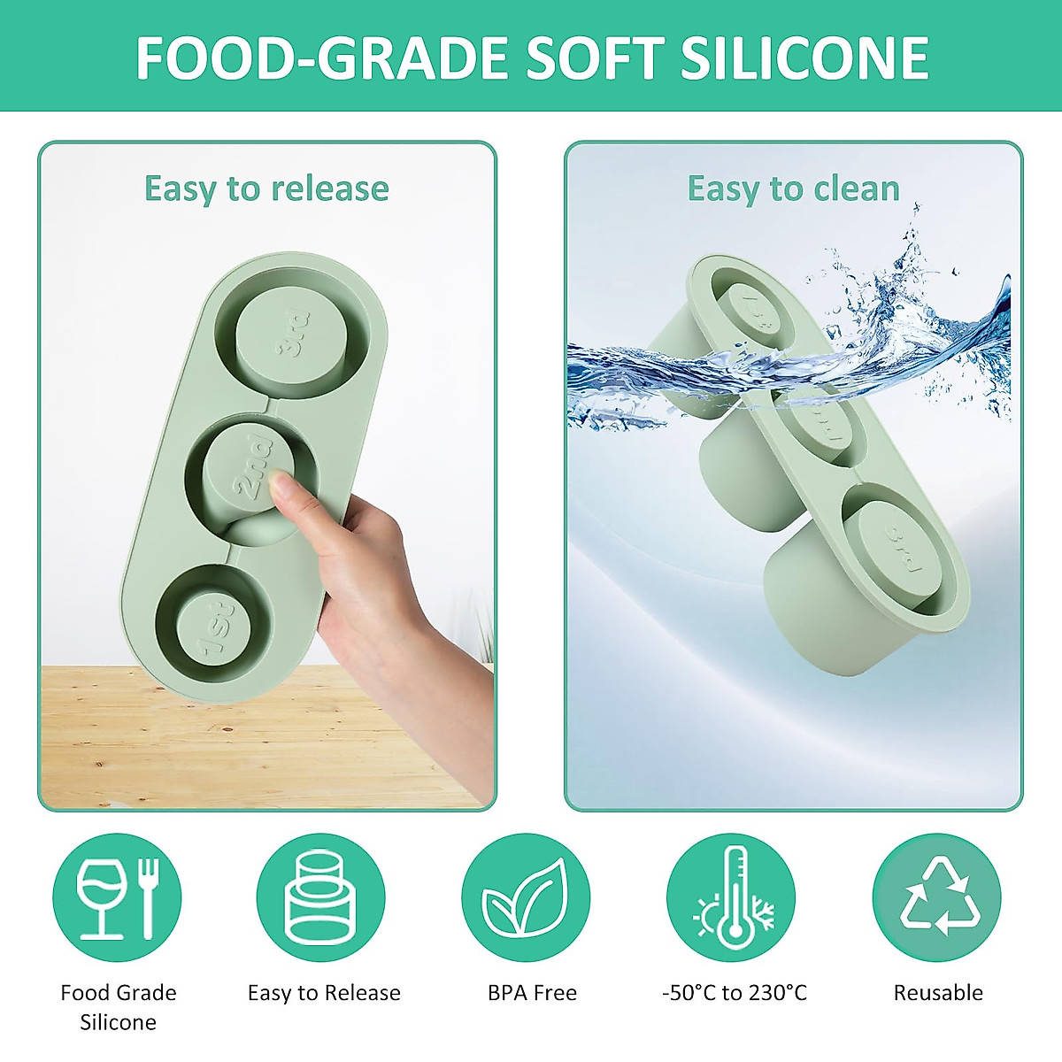 ALOOF Ice Cube Tray with Lid and Bin Compatible with Stanley Cup, 3 Pcs Silicone Ice Cube Hollow Cylinder Molds for Coffee, Juice, Whiskey, Cocktail, for Stanley 40 Oz Cups Accessories (Brown）, Green