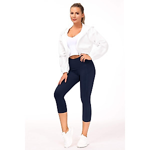 THE GYM PEOPLE Thick High Waist Capris Yoga Pants with Pockets, Tummy Control Workout Running Yoga Leggings for Women Navy Blue