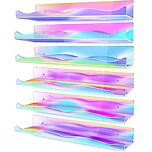 6 Packs Iridescent Clear Acrylic Floating Shelves, DILIBRA 15.7 Inch Large Funko Pop Display Case Picture Ledge Shelf, Acrylic Floating Wall Bookshelf Organizer for Kids Room Bathroom Nursery