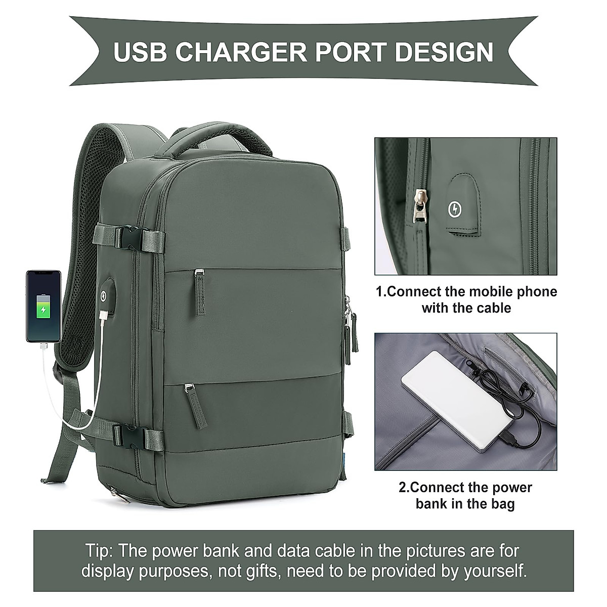 coowoz Large Travel Backpack For Women Men,Carry On Backpack,Hiking Backpack Waterproof Outdoor Sports Rucksack Casual Daypack Travel Essentials（Olive Green Minimalist）