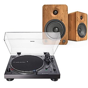 Audio Technica AT-LP120X-USB Direct-Drive Turntable Bundle with Kanto YU6 Powered Wireless Bluetooth Speakers - Black, Walnut