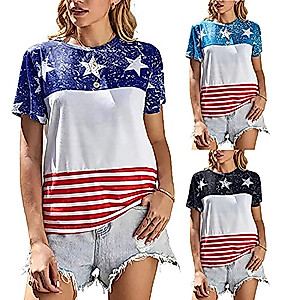 wodceeke Women's short-sleeved round neck T-shirt American flag stitching printed Tee casual loose Independence Day tops (Dark Blue,XL)