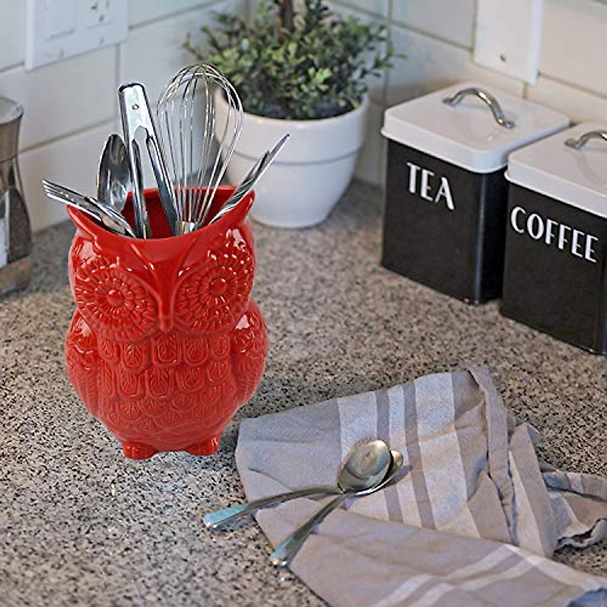 Home-X Ceramic Owl Utensil Holder - Kitchen Organizer, Large Utensil Caddy for Counter, Cooking & Spatula Storage Crock, Farmhouse Decor, Home & Kitchen Accessory, Red
