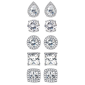 sailimue 5 Pairs Stainless Steel Cubic Zirconia Stud Earrings Set for Women Men Brilliant Round Square Teardrop Faux Diamond Halo Earrings CZ Piercing Earrings Jewelry Gifts