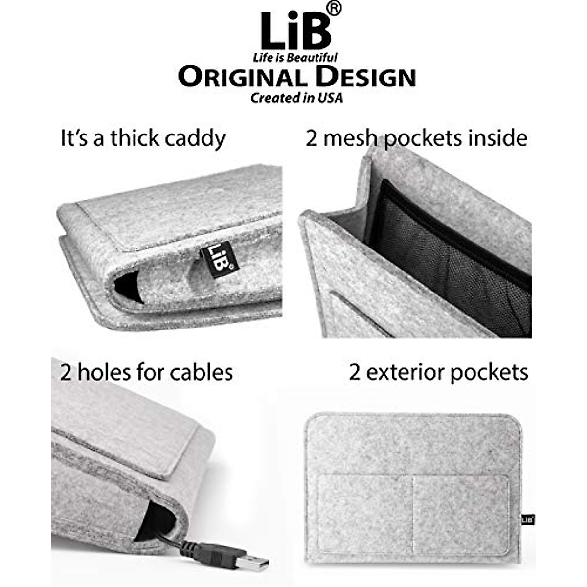 Lib Bedside Caddy, Original Design | Large Size 9.5" x 13.5" | Laptop Holder | 100% Handmade | College Room, Kids Bunk Bed, Hospital Bed | Night Hanging Storage Organizer (Light gray)
