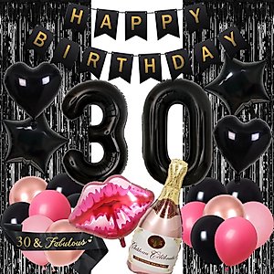 30th Birthday Decorations for Women, Black Pink 30 Birthday Decorations for Her, Black 30 Balloon Numbers, 30th Birthday Sash, Happy Birthday Banner, Dirty 30 Decorations for Her