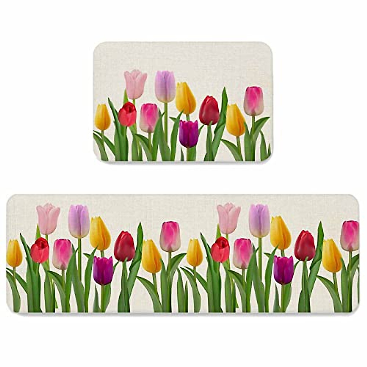 ZOE GARDEN 2 Pcs Kitchen Rug Set, Retro Spring Flower Non-Slip Kitchen Mats and Rugs Comfort Floor Door Mat Doormat, Tulip Floral Red Purple Yellow Throw Bath Runner Rug Mat