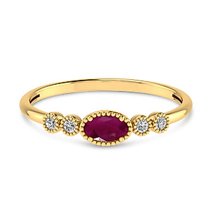 DIRECT-JEWELRY DON'T FORGET THE DASH 14K Genuine Yellow Gold Oval Natural Ruby and Diamond Milgrain Solitaire Ring - Size 4.5