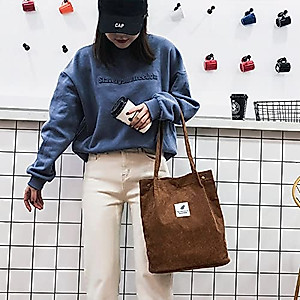 Corduroy Tote Bag Casual Shoulder Bags with Inner Pocket Pearl Bracelet Pendant Handbags Purse for Beach Shopping Travel Work for Women Girls (2PCS(Gray+Brown))