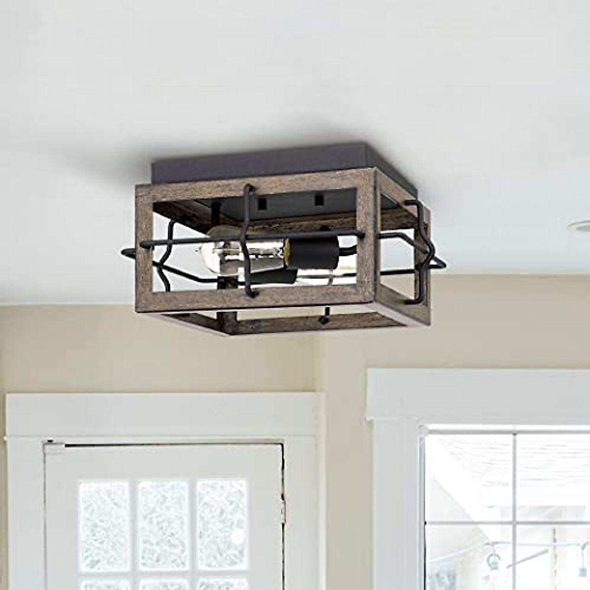 Tawson Amos Modern Farmhouse 2-Light Flush Mount Ceiling Light with Wood Shade for Hallway, Entryway, Passway, Dining Room, Bedroom, Garage, Kitchen Island, Balcony Living Room