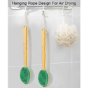Silicone Body Scrubber with Long Handle, Dual-Sided Exfoliating Back Scrubber, 2 in 1 Bath Shower Brush for Dry and Wet - Green