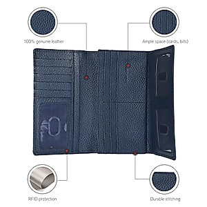 ESTALON Leather Long Bifold Wallet for Women | RFID Blocking | 11 Card Organizer Slots | 3 ID Windows | Trendy Women's Travel Wallet | Ladies Clutch Purse | Gifts for Her | Navy Pebble
