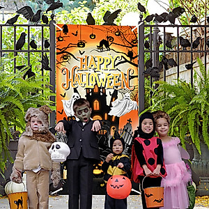 Avezano Halloween Door Decorations Happy Halloween Door Cover Haunted House Scary Cemetery Halloween Door Banner Sign Halloween Decorations Indoor Outdoor (Orange)