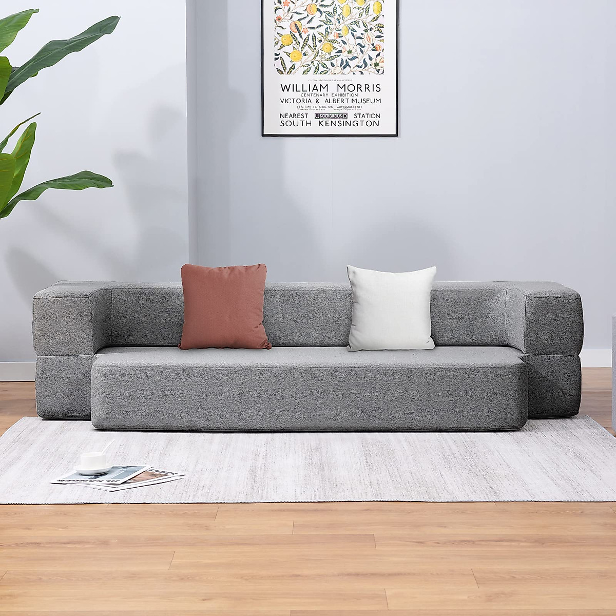 Mjkone 8.6 Inches Floor Sofa Bed Queen Size, Convertible Folding Sofa Bed, Sleeper Couch Bed with Memory Foam Mattress, Guest Bed for Living Room/Bedroom/Guest Room/Home Office (Light Grey)