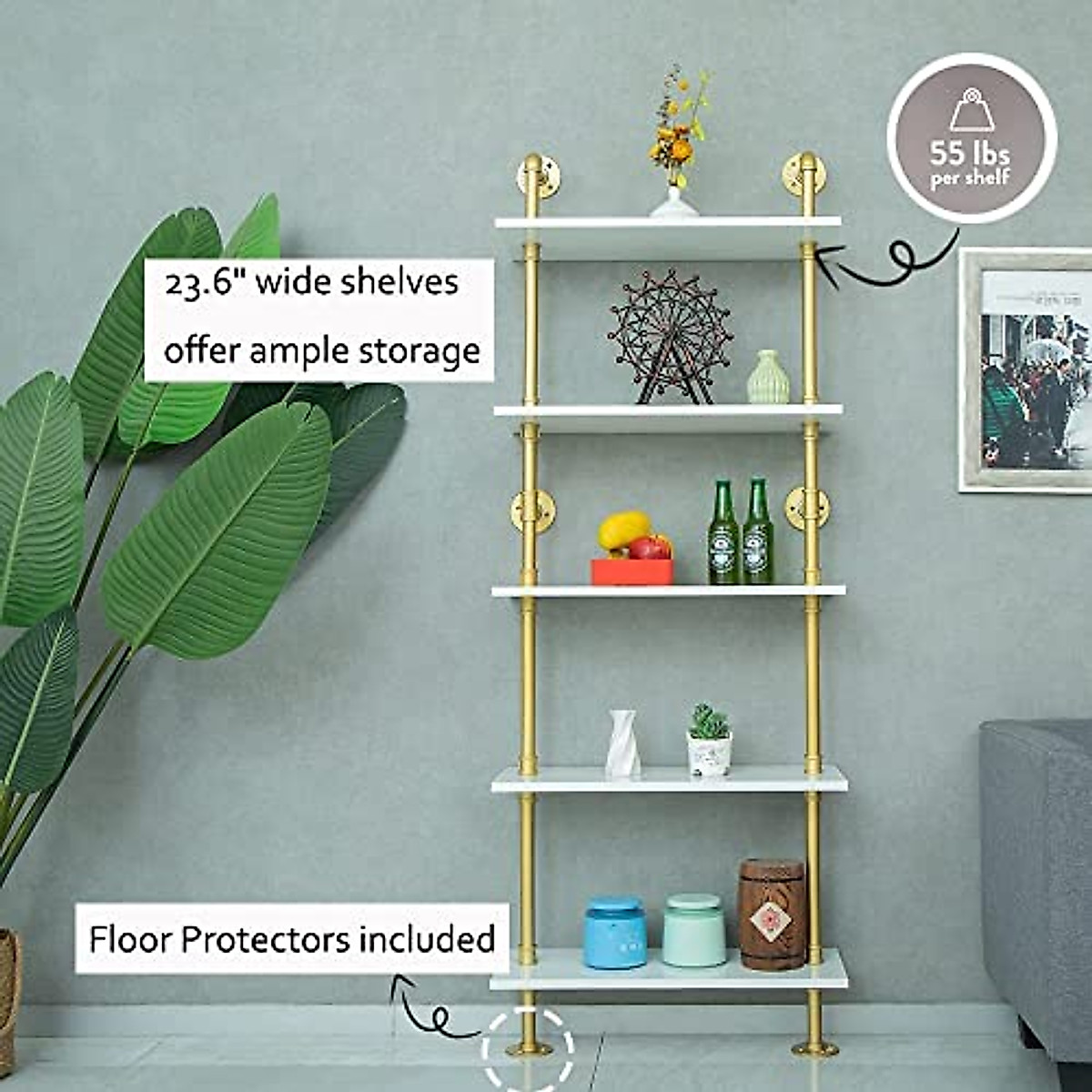 HEONITURE 5 Shelf Modern Gold Bookshelf, Wall Mount White Bookcase, Ladder Shelf with Metal Frame, Display Shelf Shelves for Living Room/Home/Office