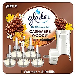 Glade PlugIns Refills Air Freshener Starter Kit, Scented and Essential Oils for Home and Bathroom, Cashmere Woods, 3.35 Fl Oz, 1 Warmer + 5 Refills