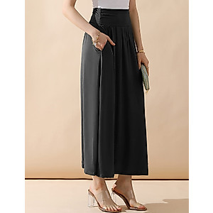 DOUBLJU Casual High Waisted Maxi Skirts with Pocket Elastic Wide Waist Band Flare Long Basic Skirts for Women Trendy Summer