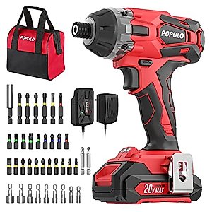 POPULO Impact Driver Bit Set,(250N.m)2,250 in-lbs 20V Max Lithium Ion Cordless 1/4" Hex Impact Drill Set,39 Piece S2 Impact Drive Bits,0-2900 RPM Variable Speed,2.0 Ah Li-ion Battery,Fast Charger