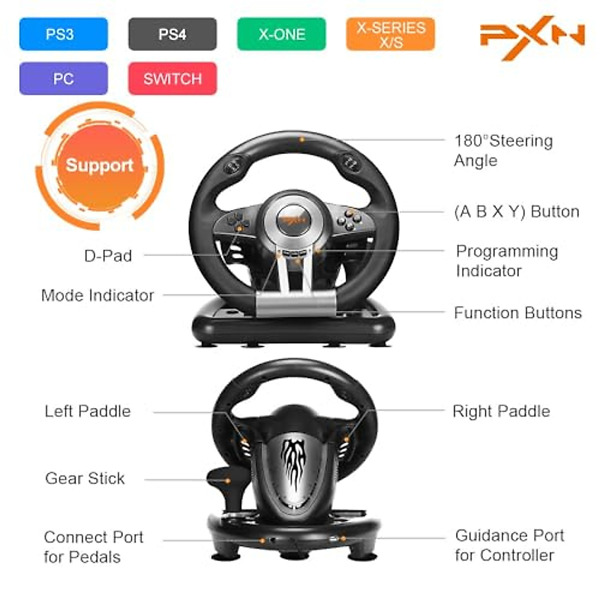 PXN PC Racing Wheel, V3II 180 Degree Universal USB Car Sim Game Steering Wheel with Pedals for Xbox One, Xbox Series S/X PS3, PS4, Switch