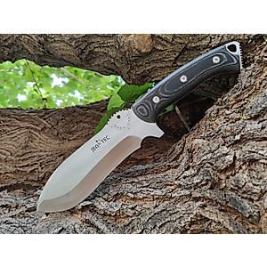 JEO-TEC Nº55 Full Tang Bushcraft Survival Hunting Camping Fishing Knife, Fixed Blade 6.7" MOVA-58 Scandi, Genuine Leather Multi-Position Sheath + Firesteel + Sharpener Stone, Handmade