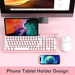 Typewriter Style Wireless Keyboard and Mouse Combo, Cute Pink Wireless Keyboard Mute Keyboard 2.4G with Retro Round Keycap Ergonomic Design and Waterproof Keyboard Mouse Combo, White & Pink