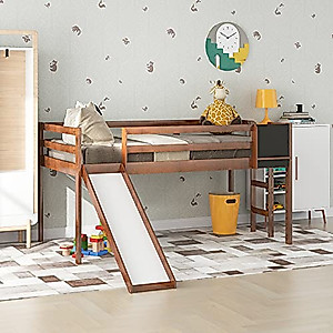 HABUHOME Twin Loft Bed with Slide, Wood Twin Size Loft Bed Frame with Stair and Chalkboard, Bedroom Furniture, Walnut