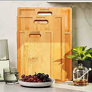 HHXRISE Original Bamboo Cutting Board(3 Piece Set) With Handle For Kitchen, With Built-In Compartments And Juice Grooves, Heavy Duty Chopping Board Serving Tray, Butcher Block, Carving Board…
