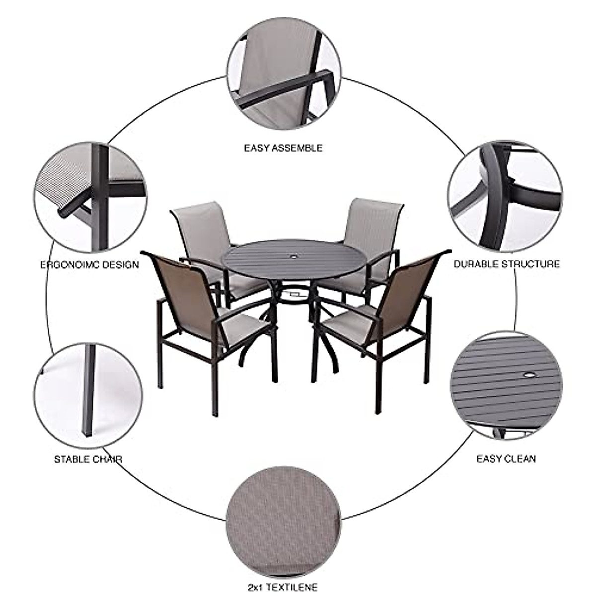 LEVELEVE 5 Piece Patio Dining Set,Outdoor Furniture 4 Textilene Chairs & 1 Round 38"x 38" Metal Slatted Table with 1.5" Umbrella Hole,Outside Porch Deck Balcony Backyard Set for 4