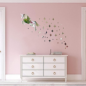 Unicorn Mirror Wall Stickers, Removable Acrylic Mirror Wall Sticker Decals, DIY Self Adhesive Stars Art Wall Decal Murals Home Wall Decoration Stickers for Living Room Kids Bedroom Office Baby Nursery