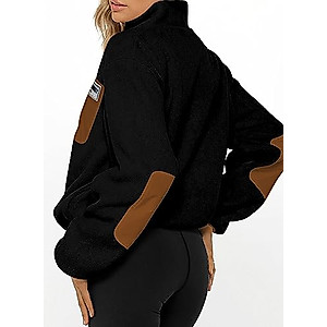 Dokotoo Fleece Jacket for Women Full Zip Up Pathes Windproof Drawstrings Running Long Sleeves Stand Collar Front Pockets Oversized Outdoor Sweatshirts,Black Small