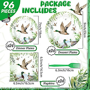 Sunnyray 96 Pcs Mallard Duck Party Decorations Supplies Duck Hunting Birthday Party Tableware Set Mallard Duck Baby Shower Plates Napkins Forks for 24 Guests