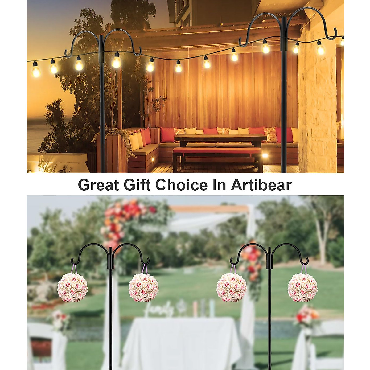 Artibear Double Shepherd Hooks for Outdoor, 76" Heavy Duty Bird Feeder Hangers Garden Hooks with 5-Prong Base, Outside Hanging Pole for Plant Baskets, Solar Light Lanterns, Wind Chimes, 1 Pack