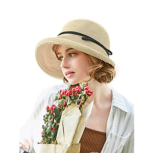 Straw Beach Sun Hat for Women Summer Bucket Hat Elegent Vintage 1920S Packable SPF UV Protection Boho Hat (Beige)